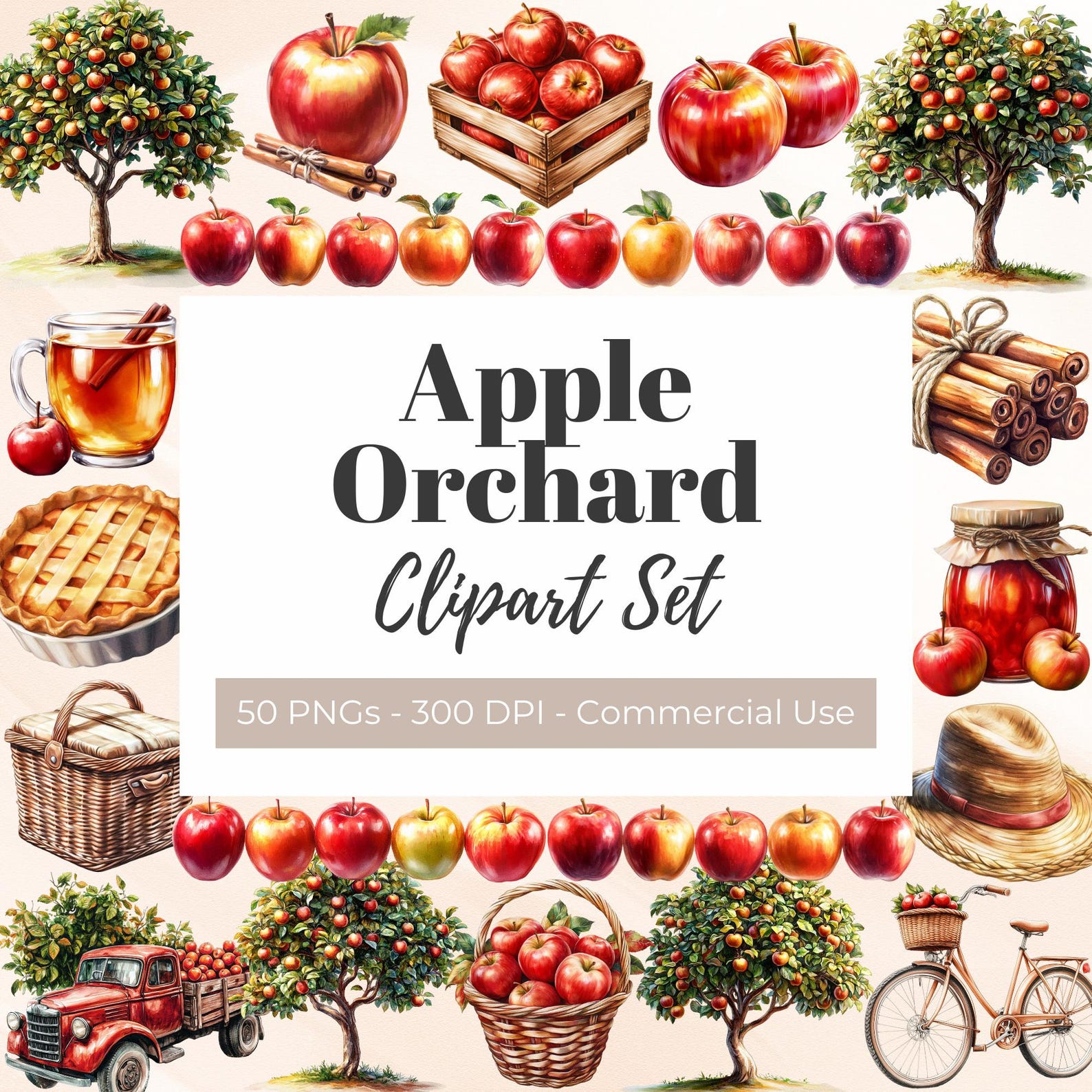Apple Orchard Clipart Watercolor Fall Apple Harvest Themed Graphics Red ...