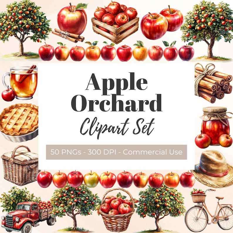 Apple Orchard Clipart Watercolor Fall Apple Harvest Themed Graphics Red ...
