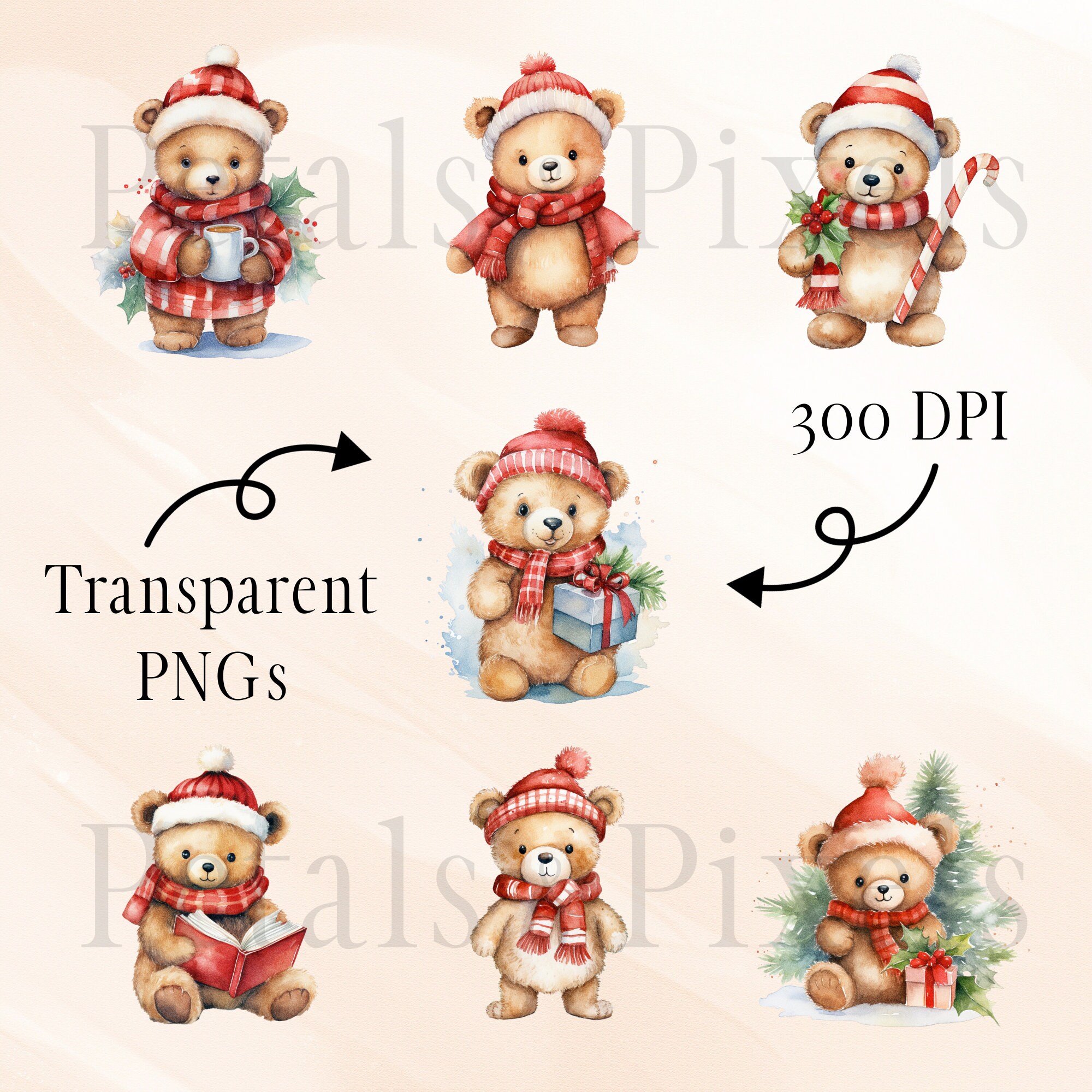Christmas Bears Clipart, Watercolor Graphics, Digital Download ...