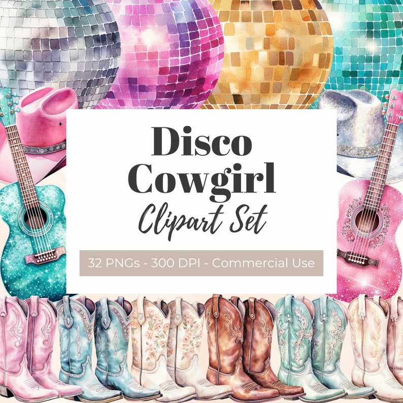 Disco Cowgirl Clipart, Coastal Cowgirl Clipart, Watercolor Clipart ...