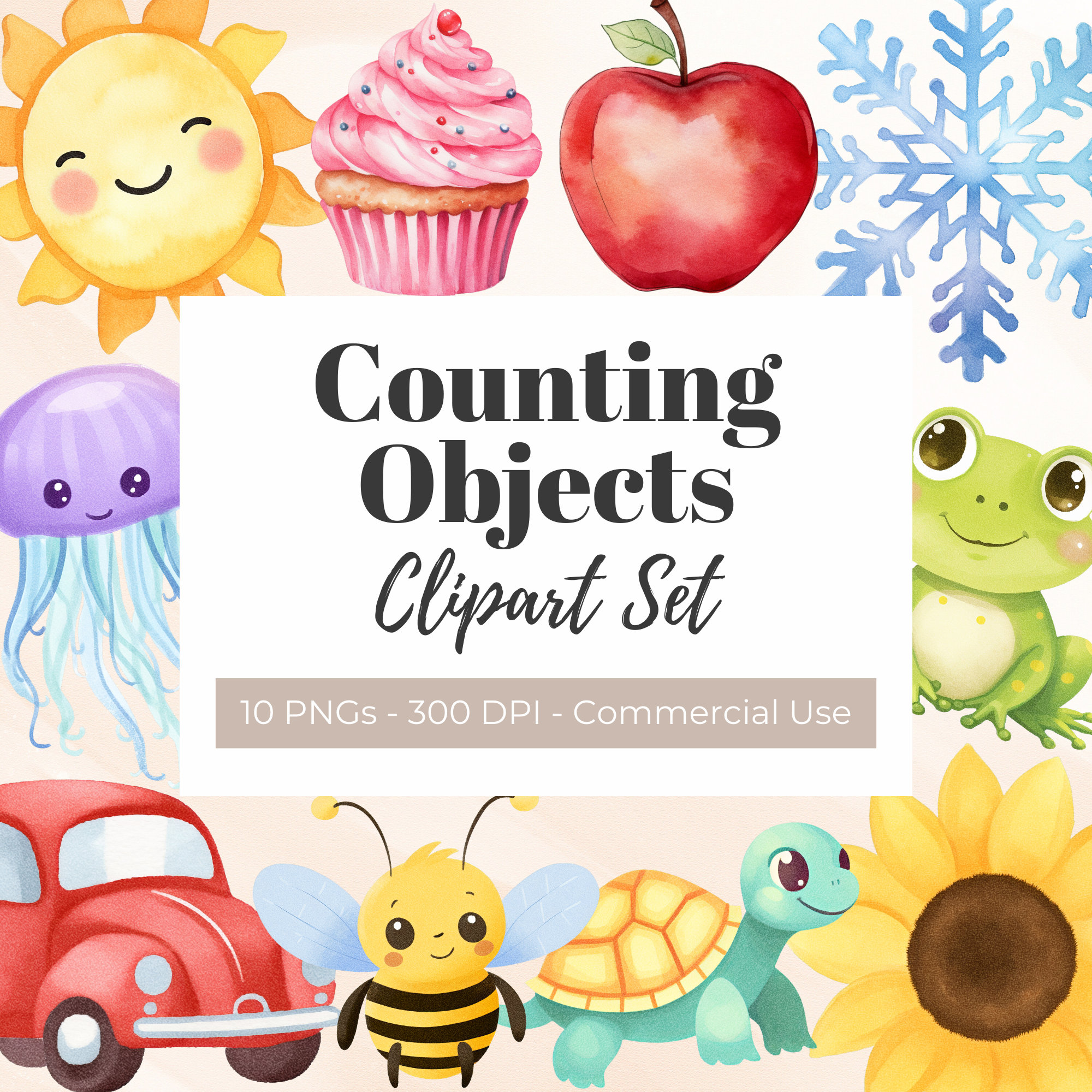 Counting Objects Clipart, Watercolor, Numbers for Kids, Design Elements ...