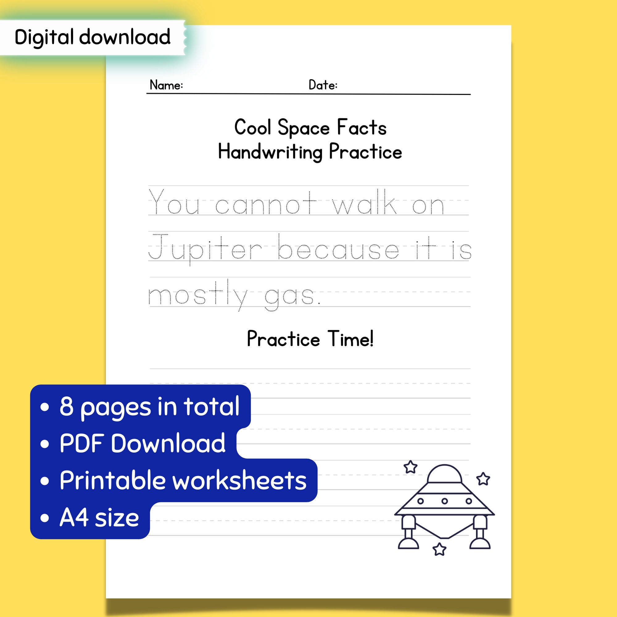 8 Pages Kids Fun Space Facts Handwriting Practice Worksheets - Etsy