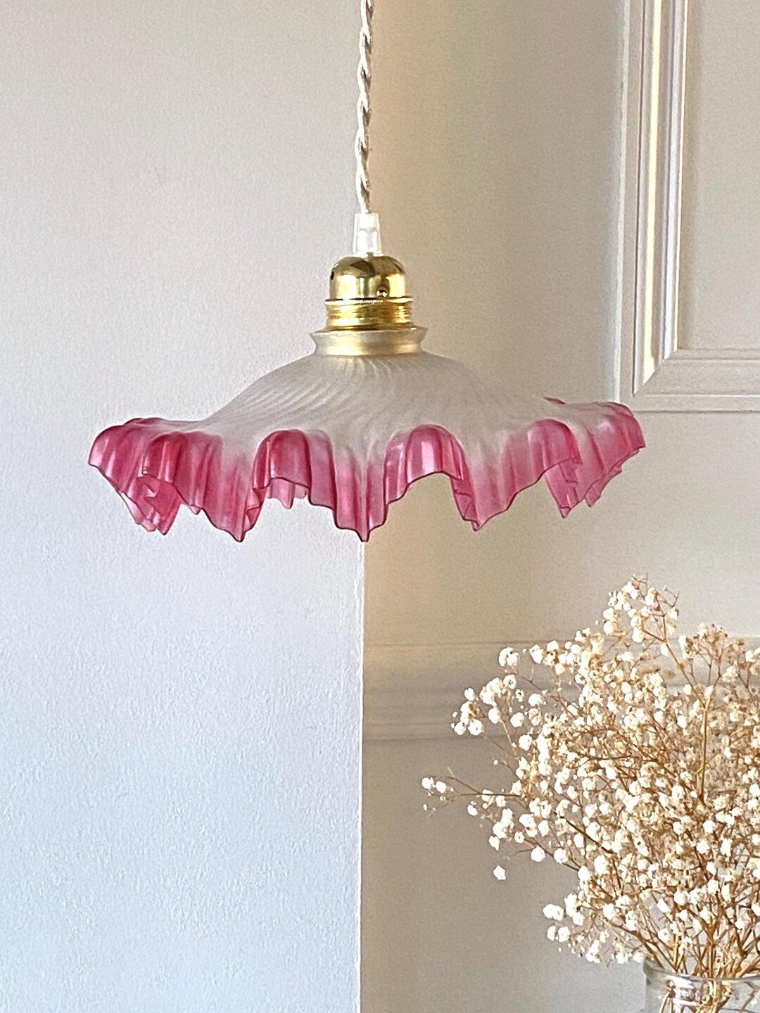 Pink frou Frou Pendant Light, Old Pleated Pendant Light, 1950s Glass ...