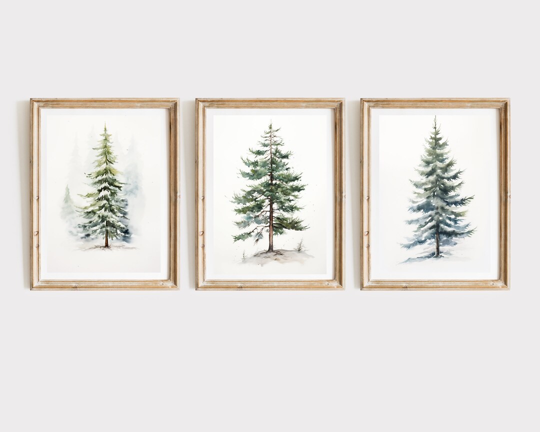 Christmas Tree Prints Set of 3, Watercolor Winter Tree Painting ...