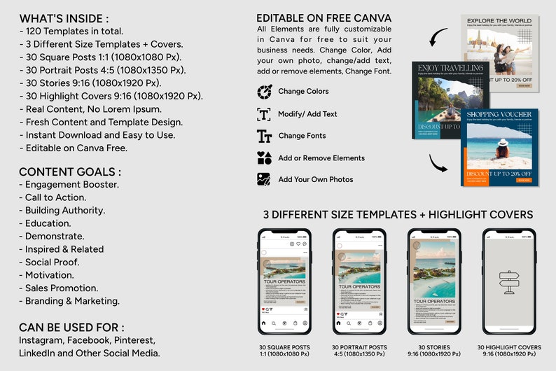 Travel IG Templates for Canva, Travel Social Media Post, Travel Social ...