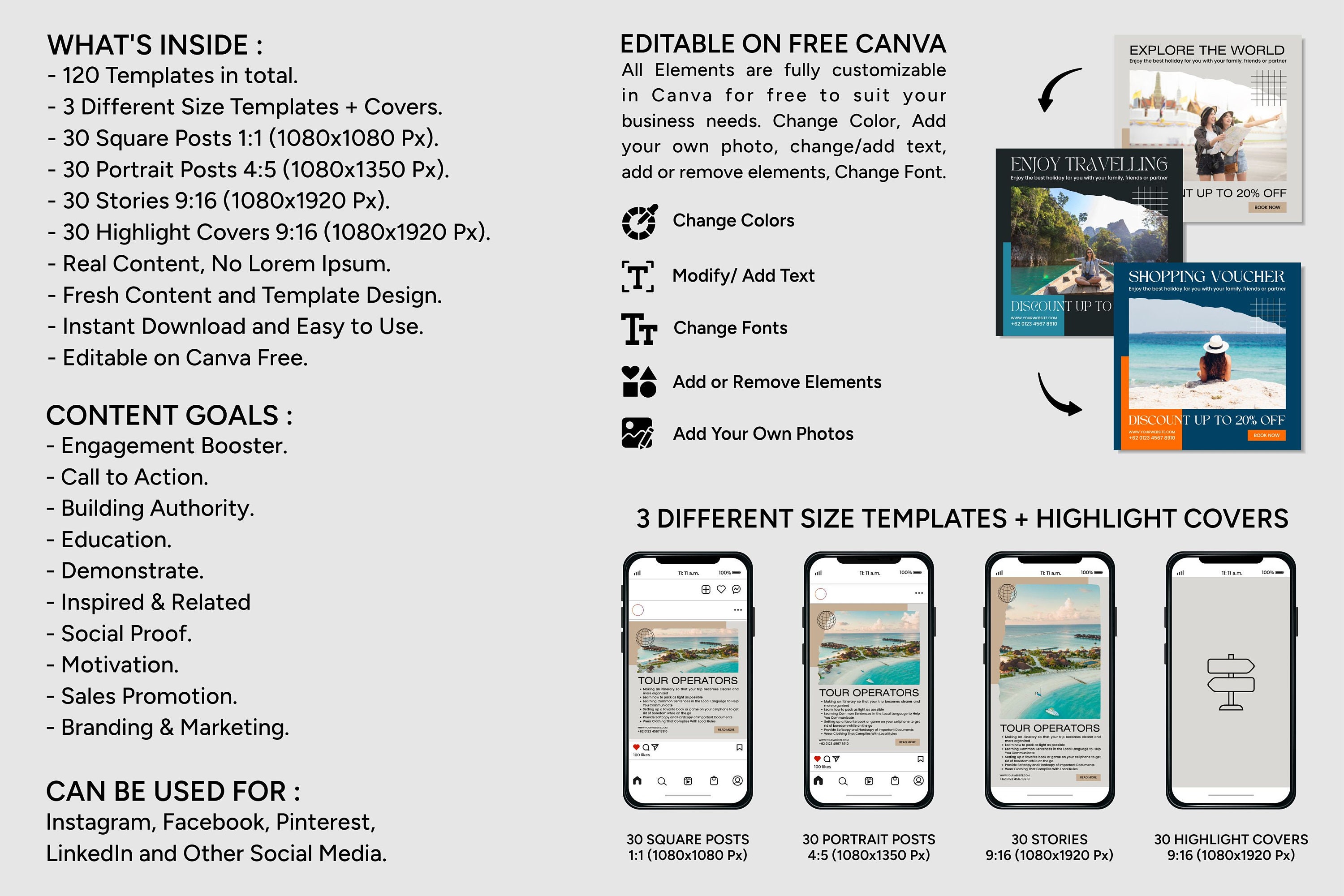Travel IG Templates for Canva, Travel Social Media Post, Travel Social ...