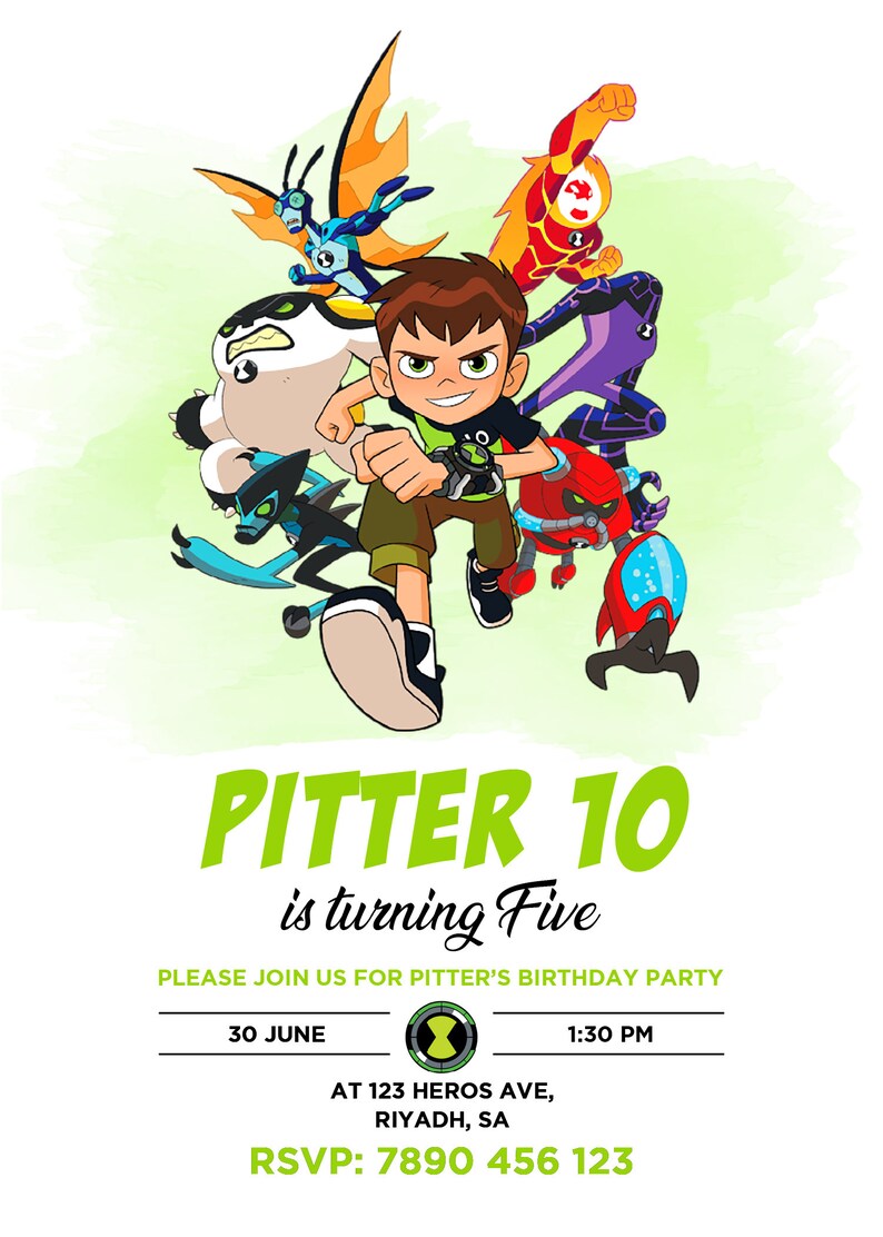 Customizable BEN 10 Birthday Invitation Cards, Kid Birthday Invitation ...