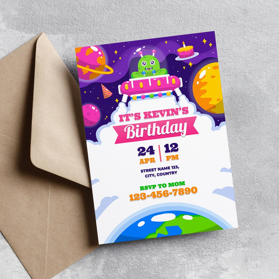 Customizable Space Birthday Invitation Cards, Kid Birthday Invitation ...