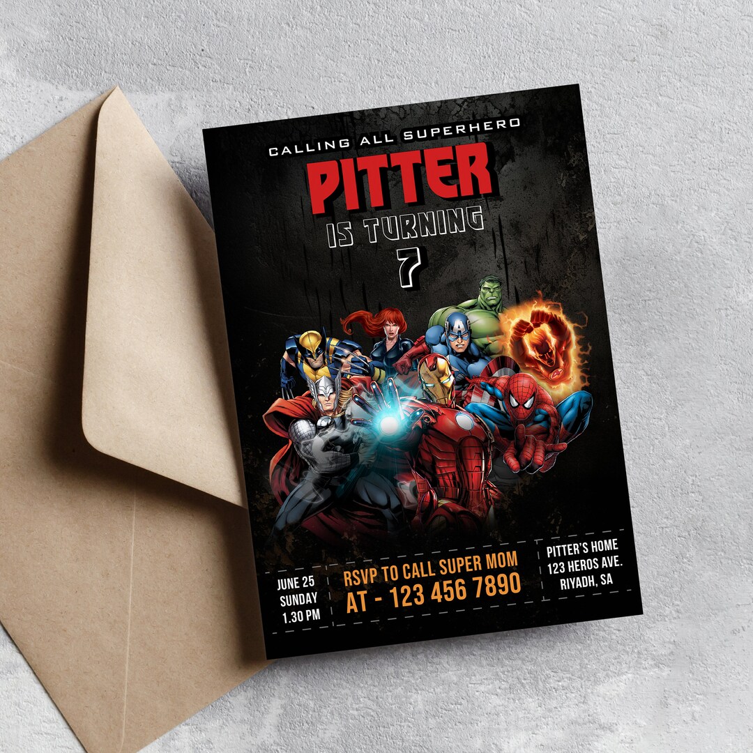 Customizable Marvel Birthday Invitation Cards, Kid Birthday Invitation ...