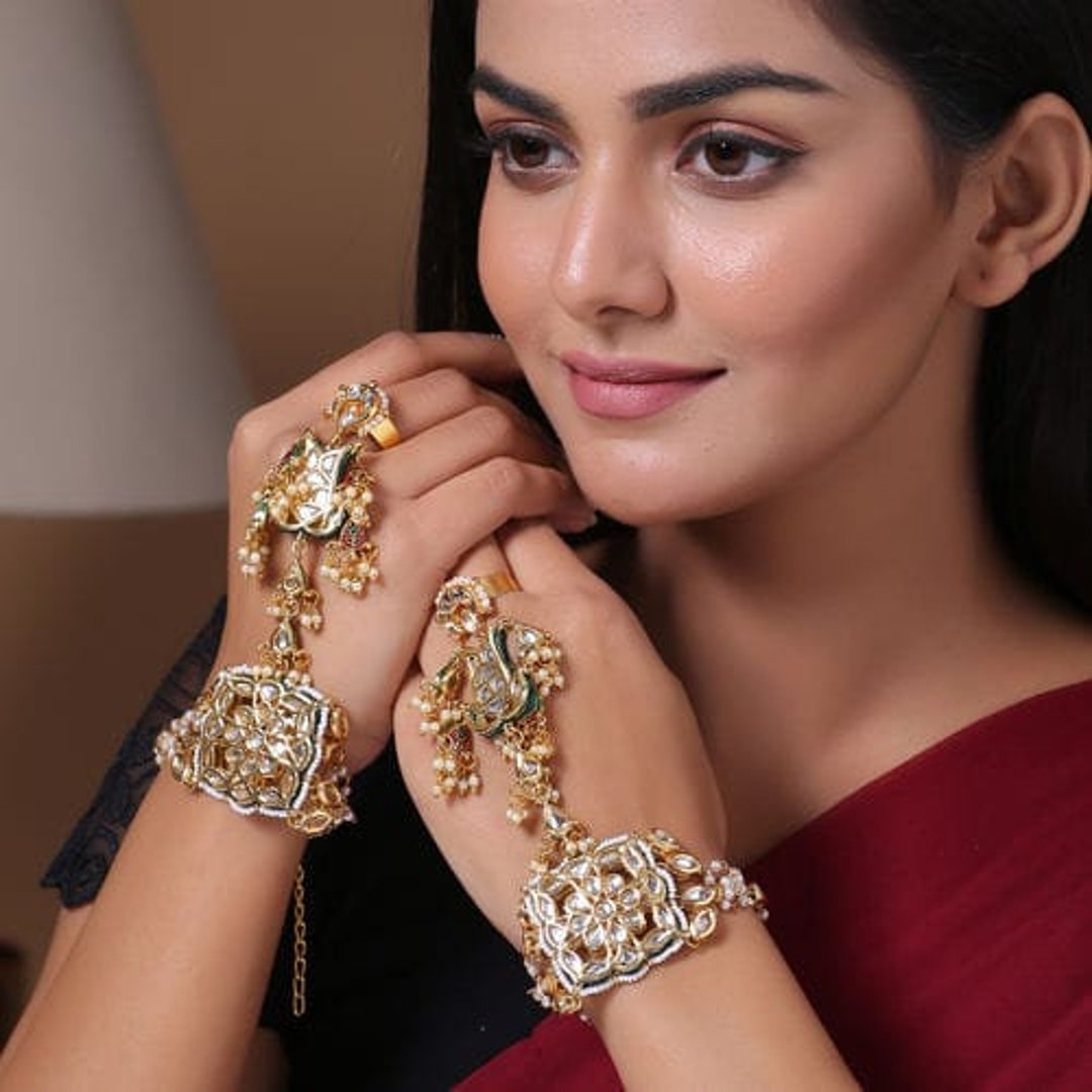 Kundan Bracelet/ Polki Haath Phool /hath Panja/ Adjustable Bracelet ...