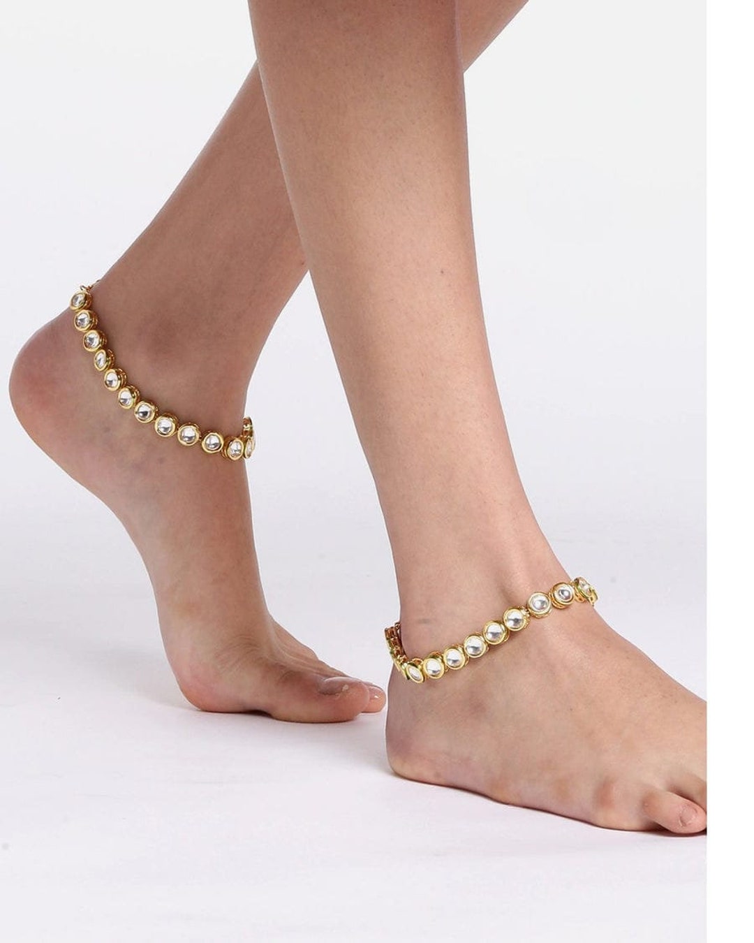 Indian Gold Plated Brass and Kundan White Pearl Anklet Jewellery for ...