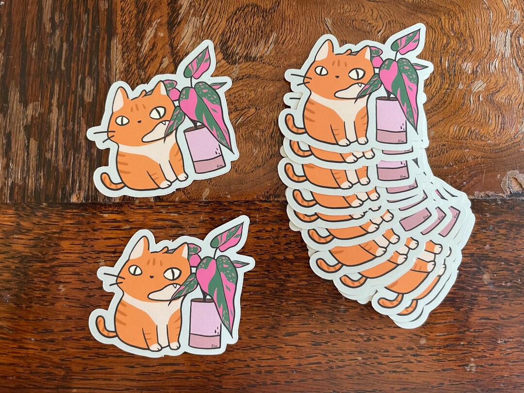 Cute Cat Biting Plant Sticker Decal Original Art - Etsy