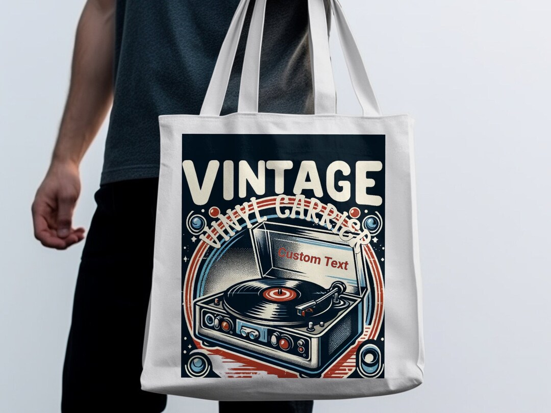 Vintage Turntable Vinyl Record Player Retro Music Tote Bag, Custom Text ...