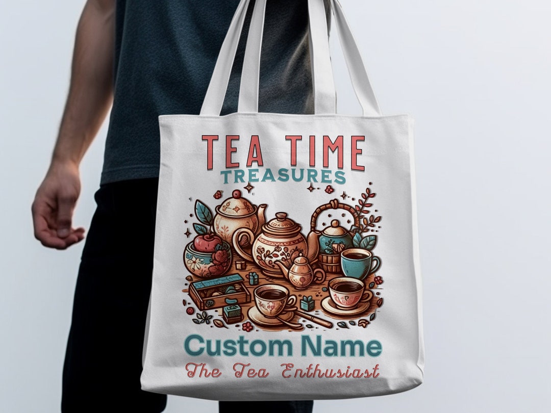 Vintage Tea Time Treasures Tote Bag, Elegant Tea Party Accessory, Customizable Name, Unique Tea ...