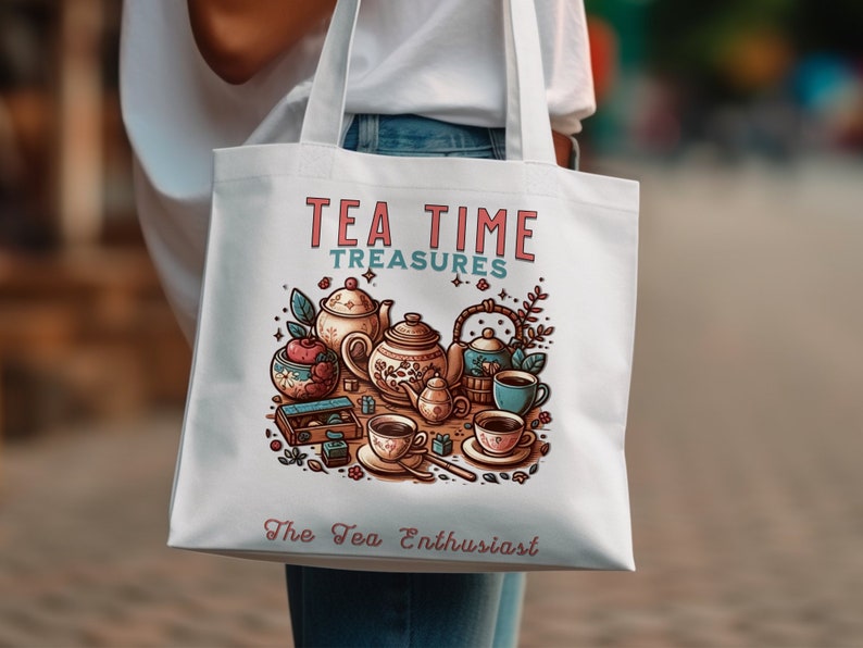 Vintage Tea Time Treasures Tote Bag, Elegant Tea Party Accessory, Customizable Name, Unique Tea ...