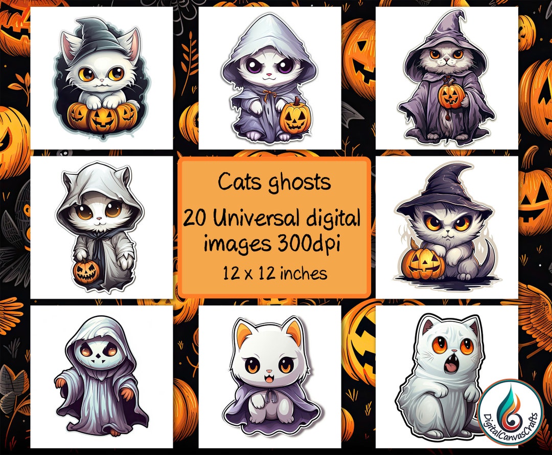 Halloween Cat Clipart Bundle, Cute Ghost Cat 20 JPG Images, Halloween ...