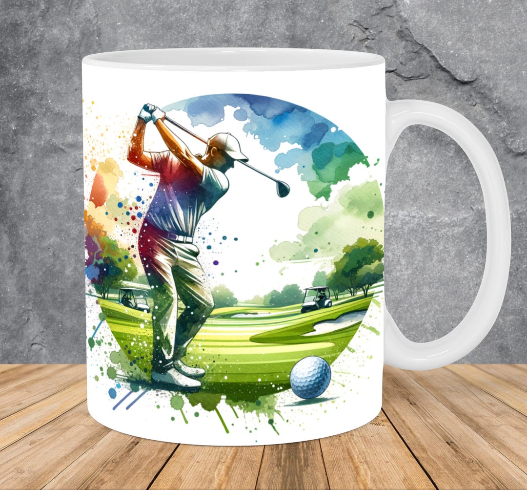 Watercolor Golfer Hitting Golf Ball Mug Wrap 11oz & 15oz Mug Template ...