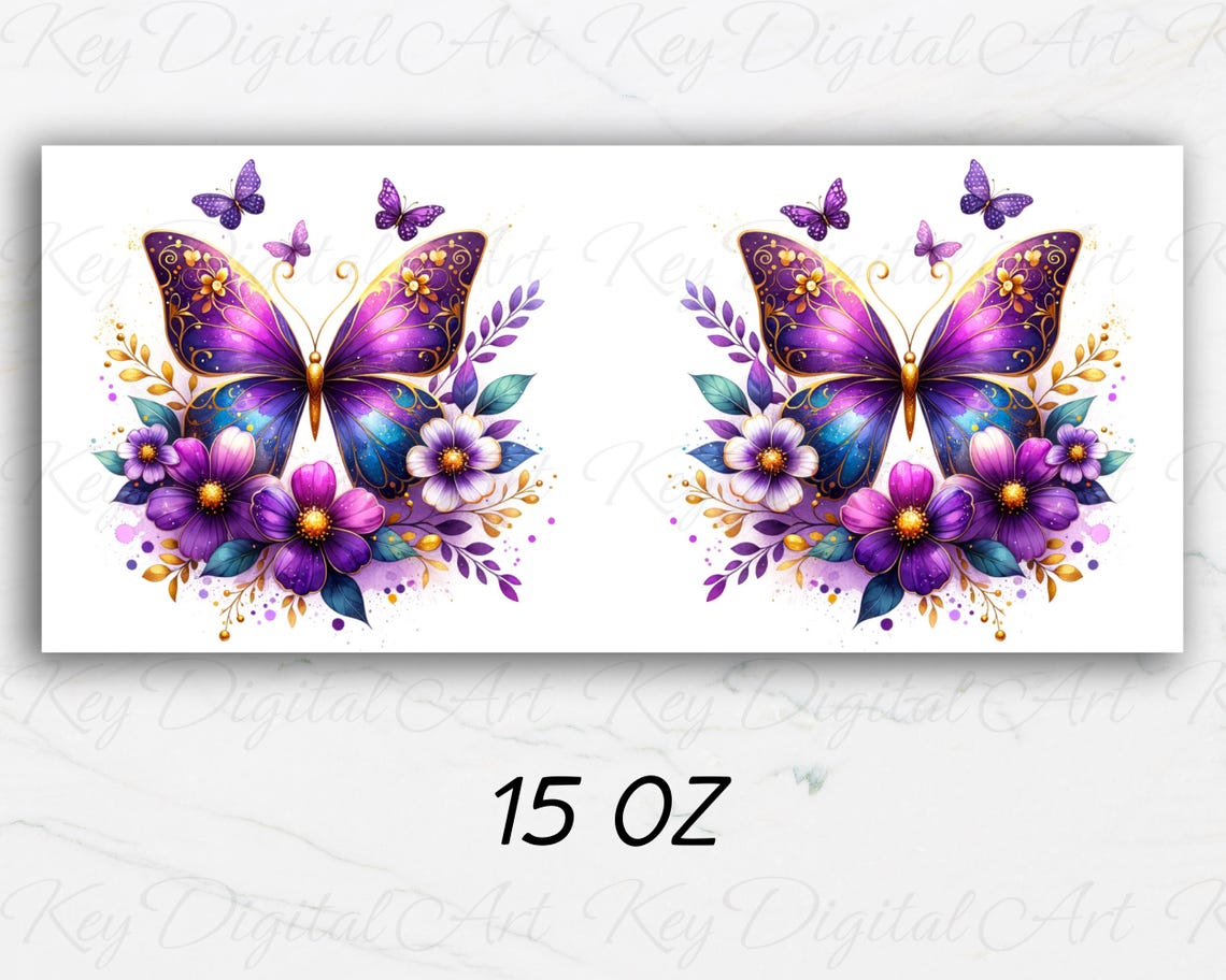 Glitter Purple Butterflies Flowers Mug Wrap 11oz & 15oz Mug Template ...