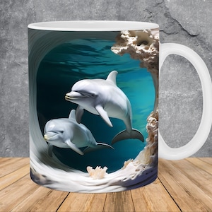 3D Dolphins in Coral Cave Mug Wrap 11oz & 15oz Mug Template, 3D Ocean ...