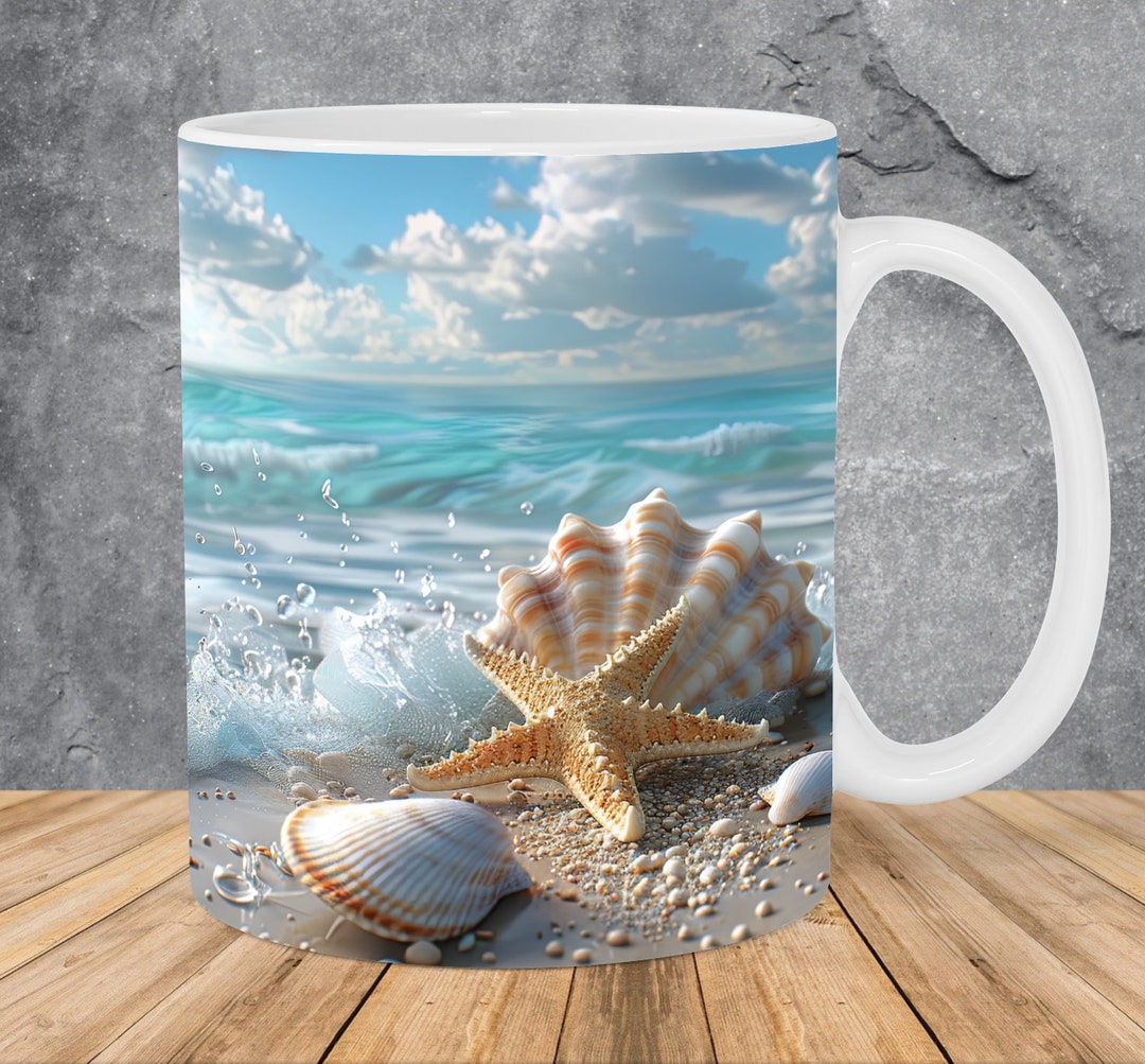 3D Beach Ocean Waves Seashells Mug Wrap 11oz & 15oz Mug Template, 3D ...