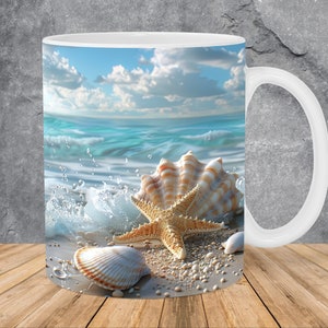 3D Beach Ocean Waves Seashells Mug Wrap 11oz & 15oz Mug Template, 3D ...