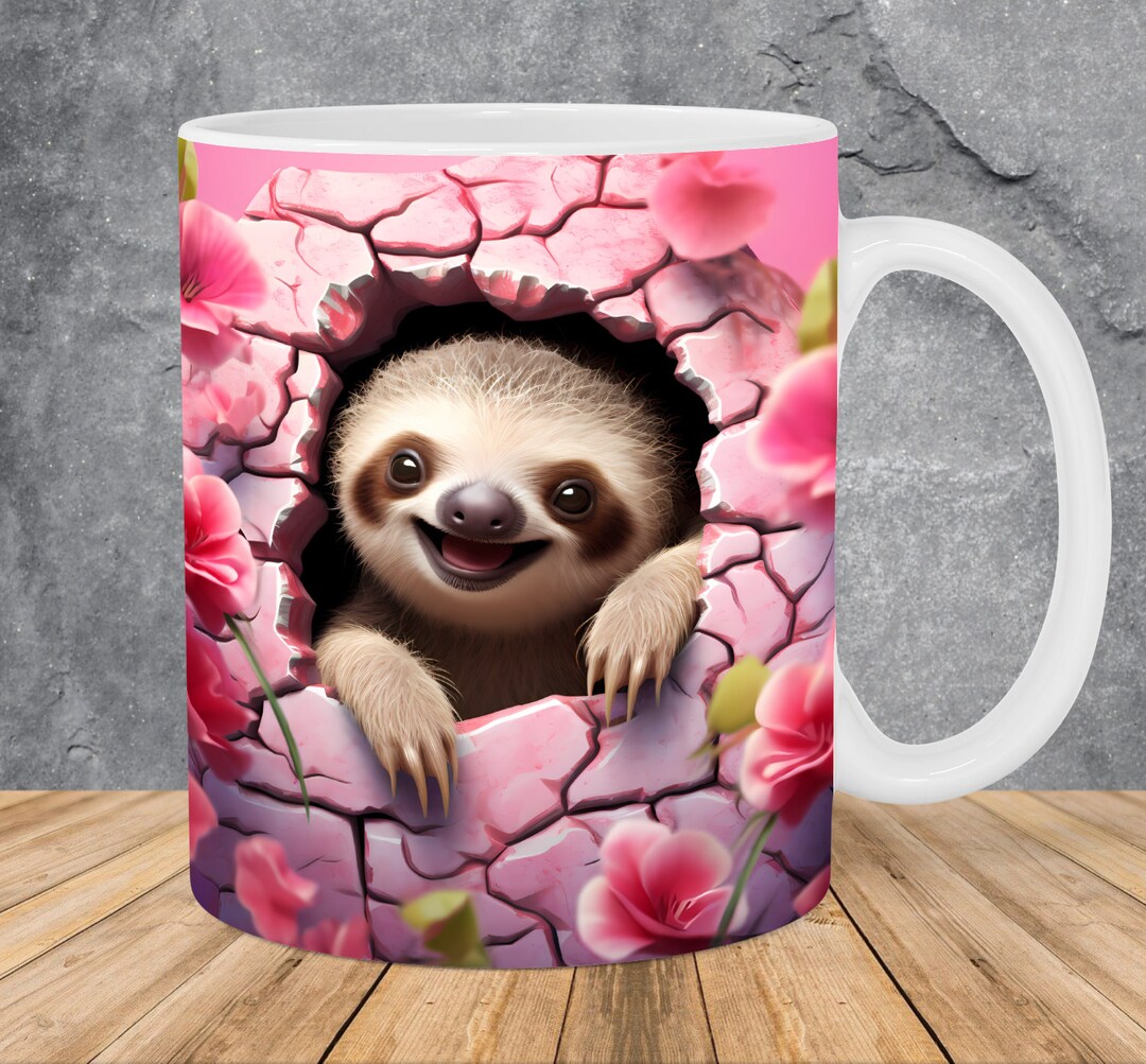 3D Sloth Hole in A Wall Mug Wrap 11oz & 15oz Mug Template, Flower Mug ...