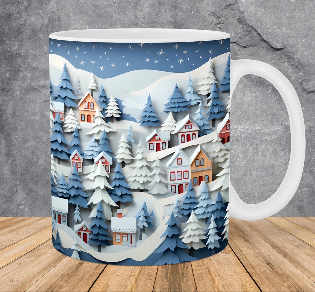 3D Winter Village Mug Wrap 11oz & 15oz Mug Template, Winter Christmas ...