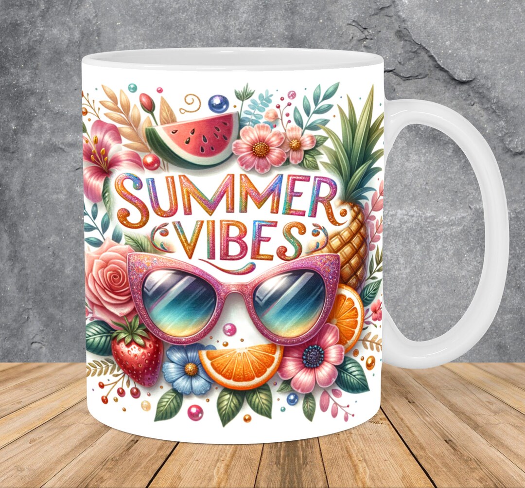 Retro Summer Vibes Fruits Mug Wrap 11oz & 15oz Mug Template, Summer Mug ...