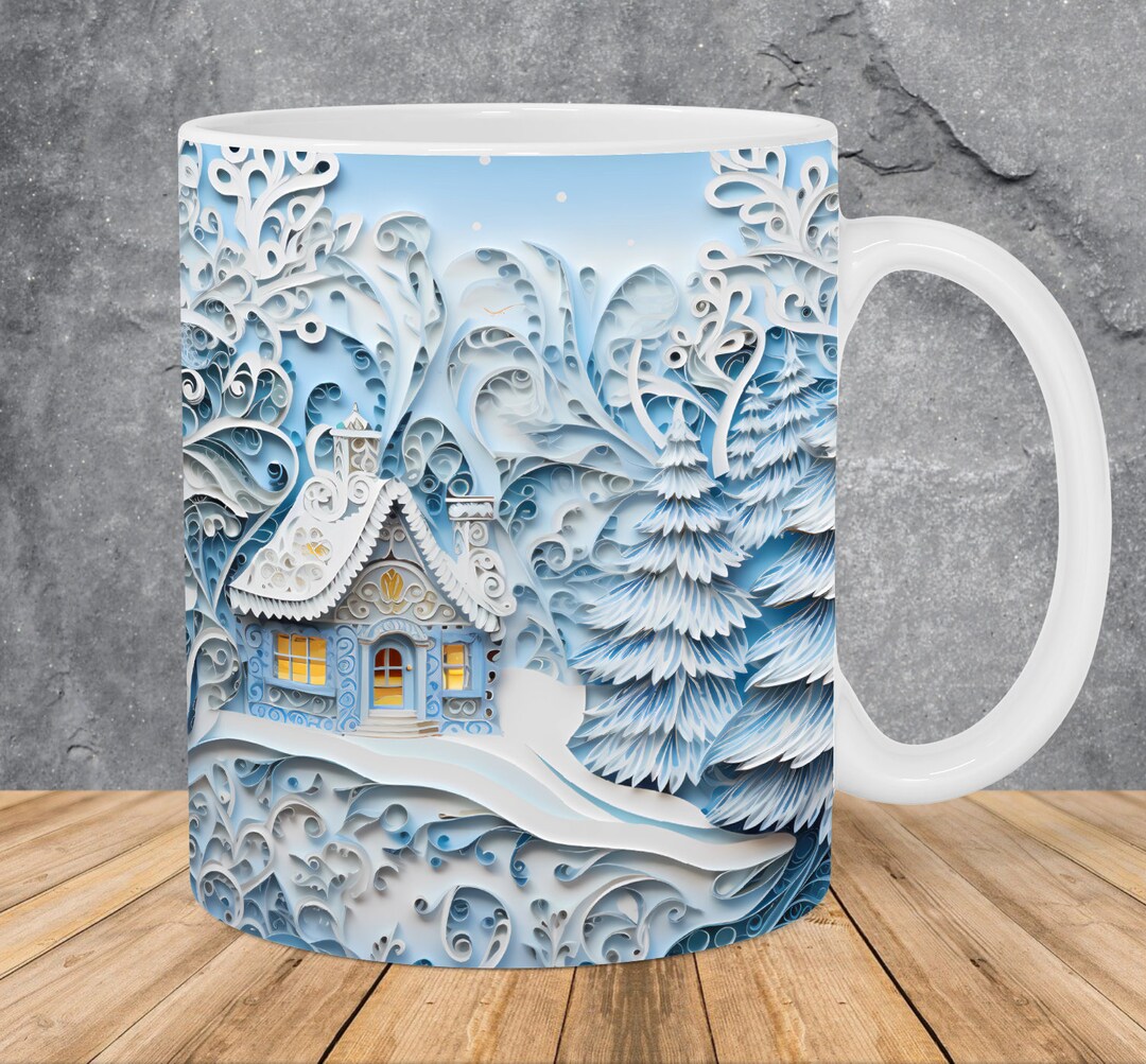 3D Winter House Forest Mug Wrap 11oz & 15oz Mug Template, 3D Winter Mug ...