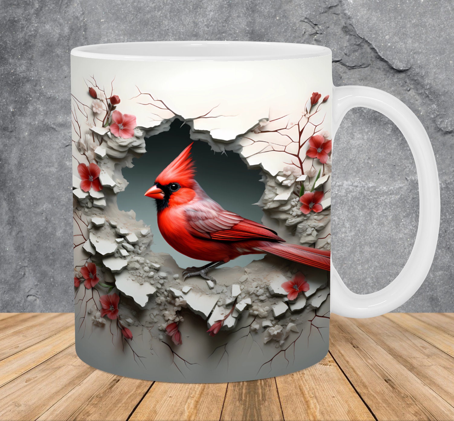 3D Red Cardinal Bird Hole in A Wall Mug Wrap 11oz & 15oz Mug Template ...