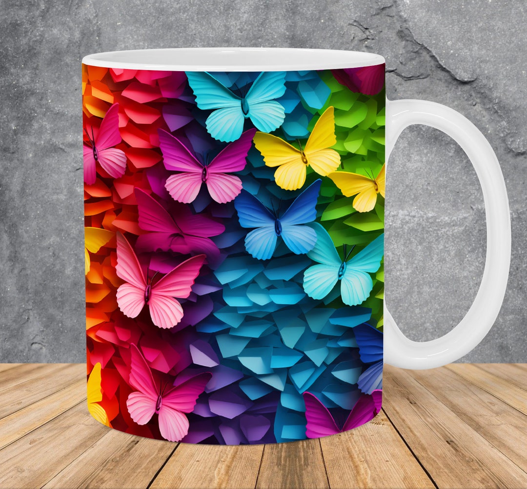 3D Rainbow Butterflies Mug Wrap 11oz & 15oz Mug Template, 3D Butterfly ...