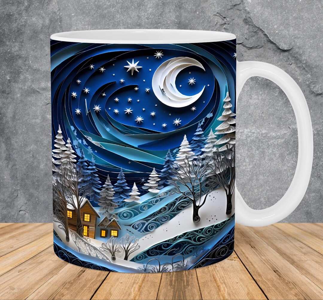 3D Winter Night Village Mug Wrap 11oz & 15oz Mug Template, 3D Winter ...