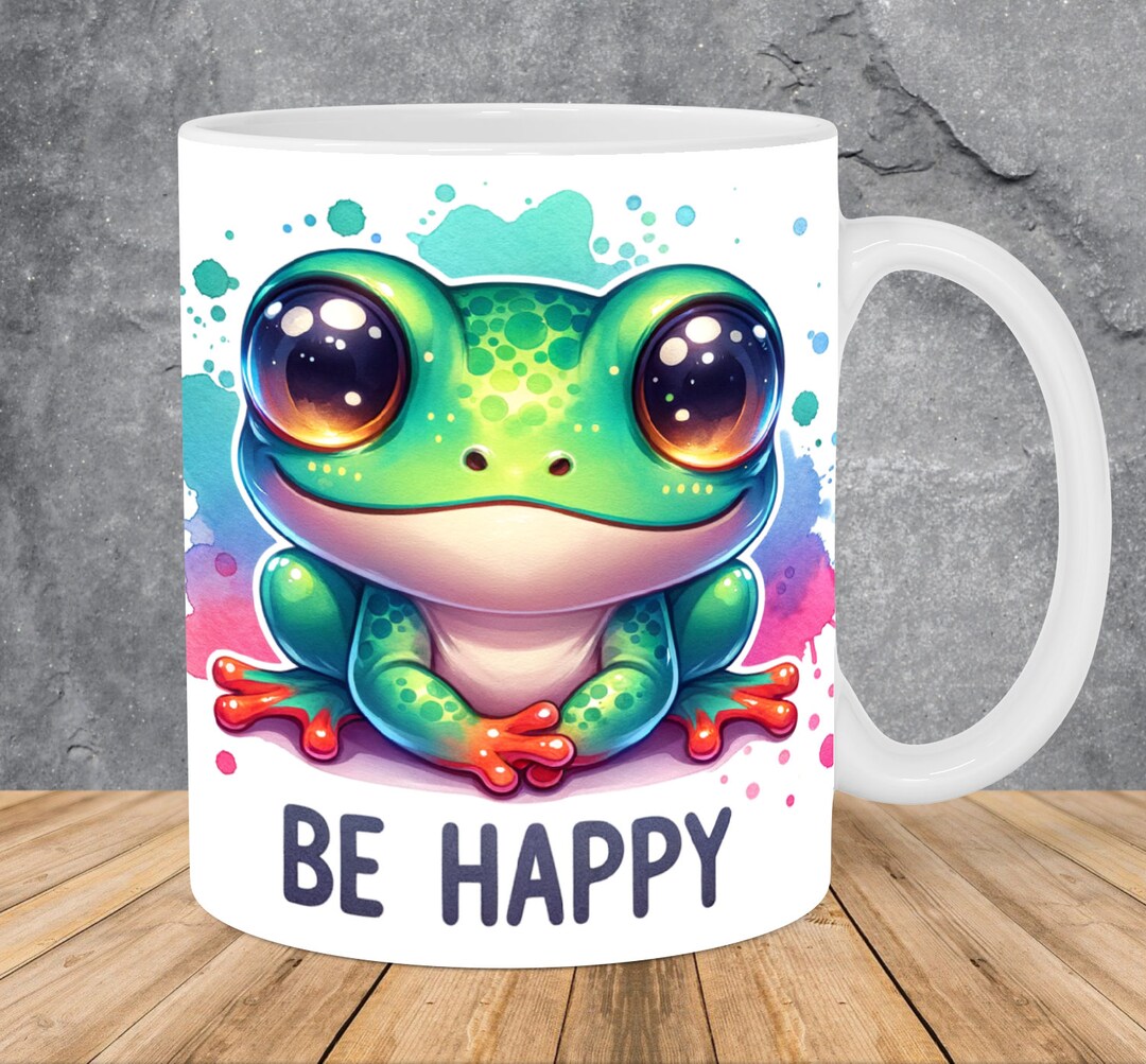 Watercolor Frog Be Happy Mug Wrap 11oz & 15oz Mug Template, Frog Mug ...