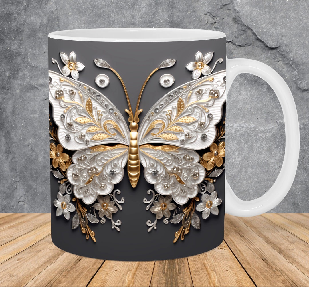 3D Metal Silver Gold Butterfly Mug Wrap 11oz & 15oz Mug Template, 3D ...