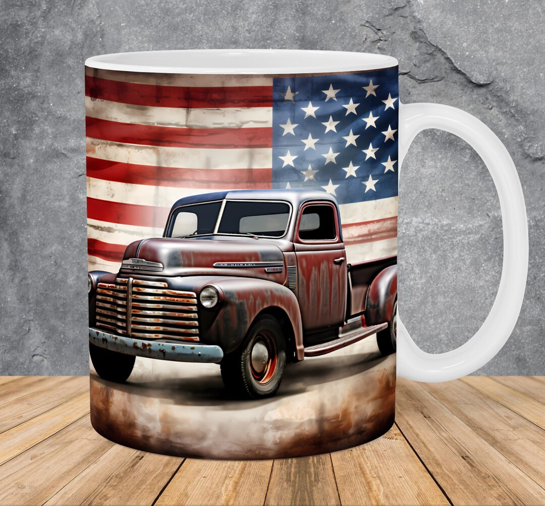 3D American Flag Vintage Car Mug Wrap 11oz & 15oz Mug Template, 3D Mug ...