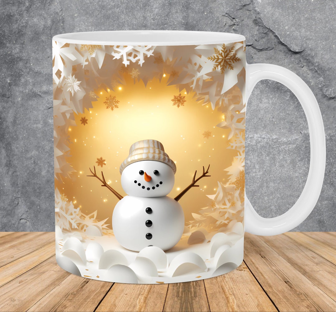 3D Winter Snowman Hole in A Wall Mug Wrap 11oz & 15oz Mug Template, Mug ...