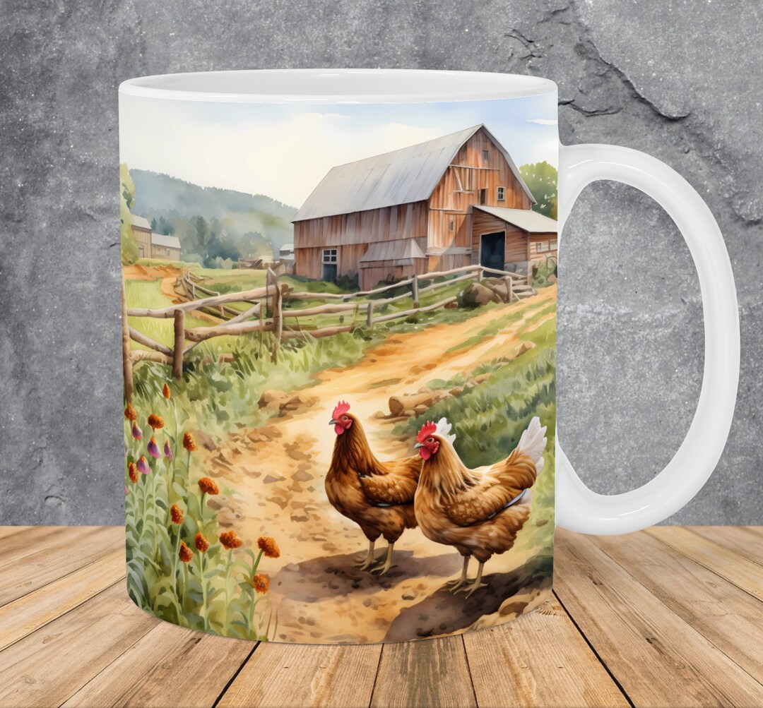 Watercolor Chickens Farm Village Mug Wrap 11oz & 15oz Mug Template, Mug ...