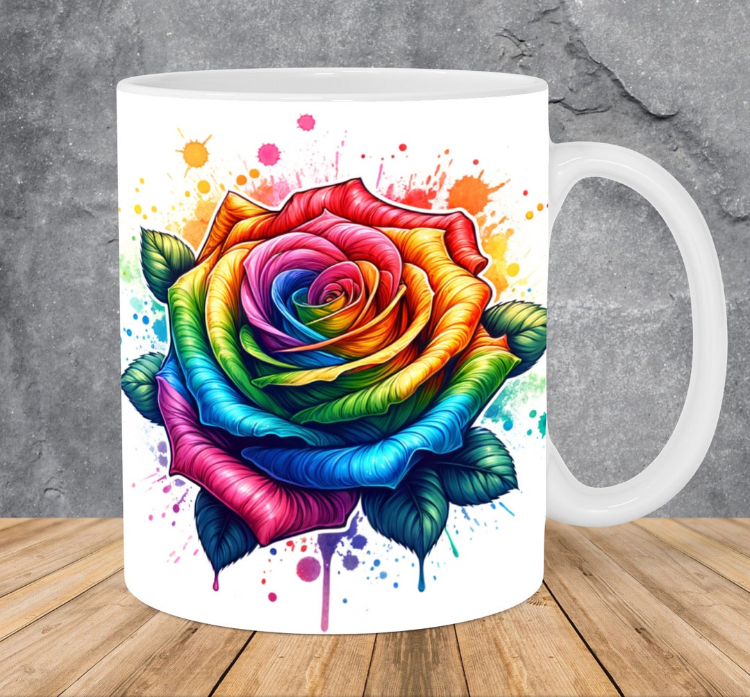 Watercolor Rainbow Rose Flower Mug Wrap 11oz & 15oz Mug Template, Mug ...