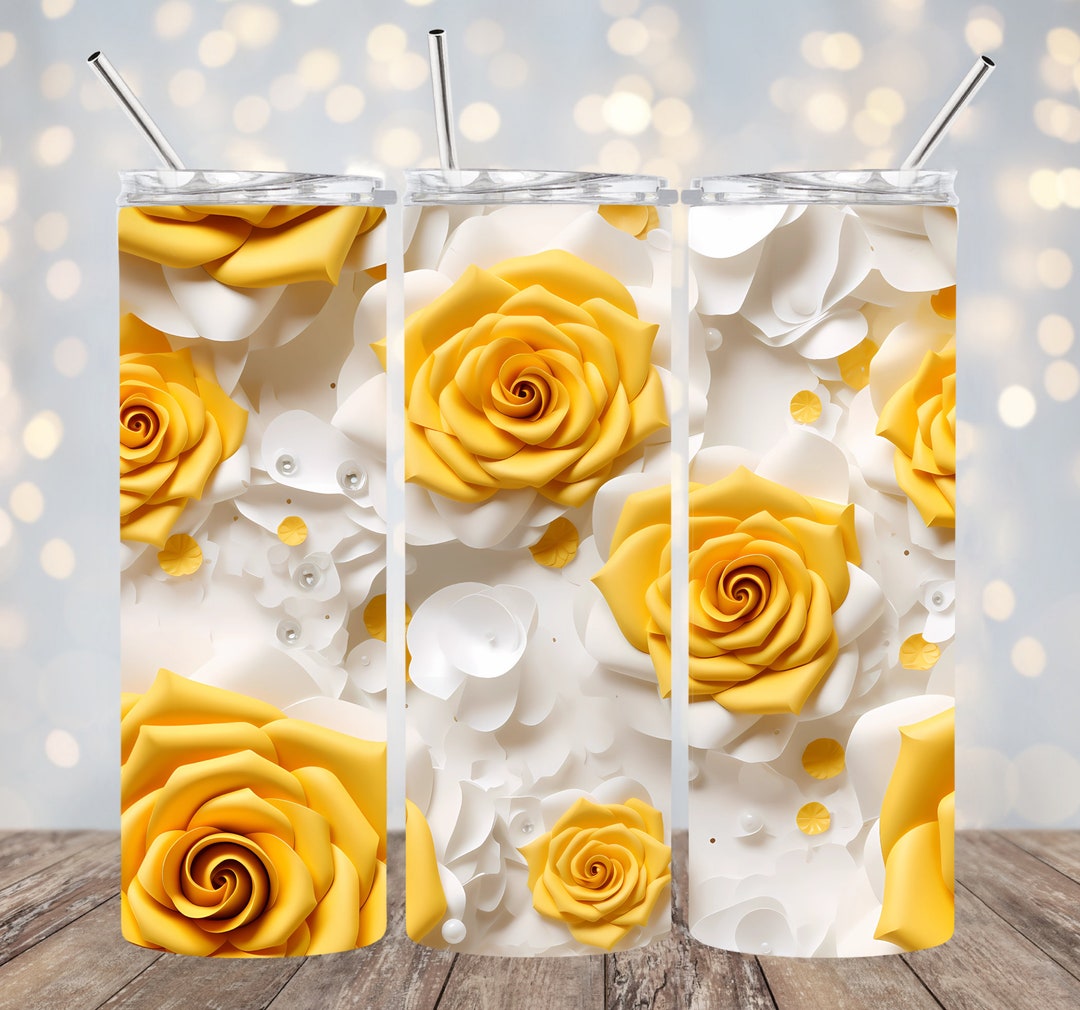 3D Yellow Roses White Flowers Seamless 20 Oz Skinny Tumbler Sublimation ...