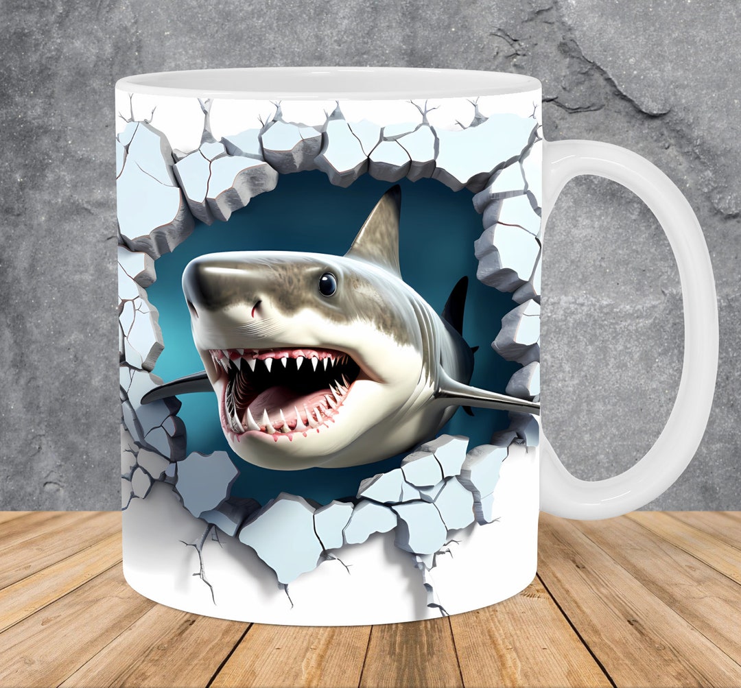 3D Shark Hole in A Wall Ocean Mug Wrap 11oz & 15oz Mug Template, 3D Mug ...