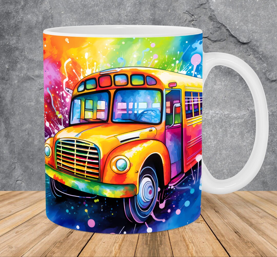Rainbow Colorful School Bus Mug Wrap 11oz & 15oz Mug Template, Mug ...