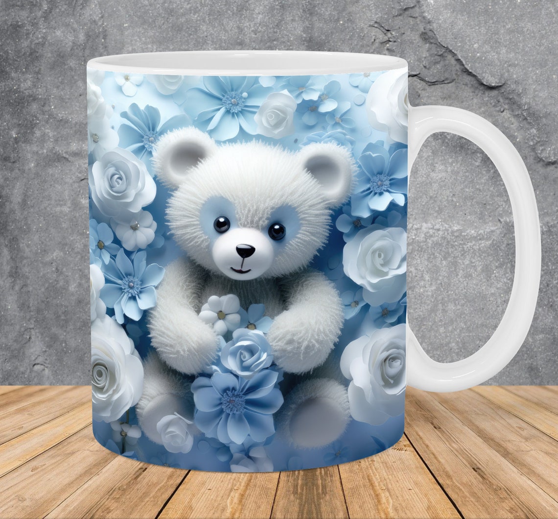 3D Teddy Bear White Blue Flowers Mug Wrap 11oz & 15oz Mug Template, 3D ...