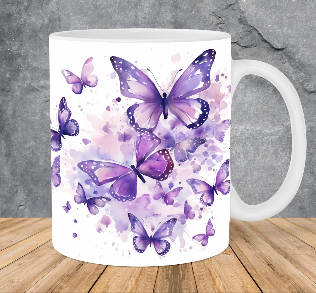 Purple Butterflies Mug Wrap 11oz & 15oz Mug Template, Butterflies Mug ...