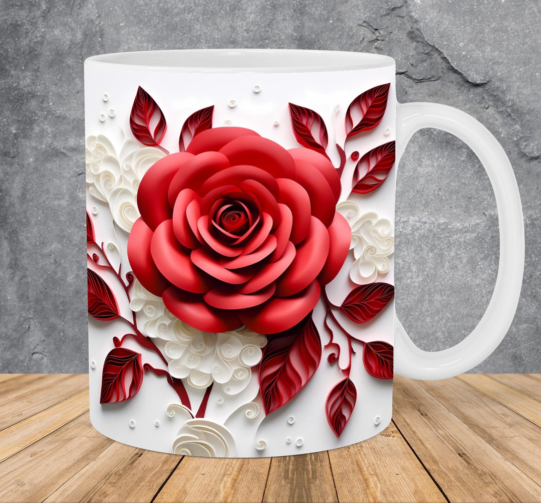 3D Red Rose Mug Wrap 11oz & 15oz Mug Template, 3D Red White Flower Mug ...