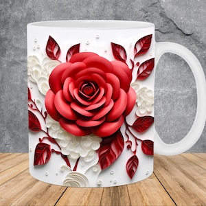 3D Red Rose Mug Wrap 11oz & 15oz Mug Template, 3D Red White Flower Mug ...