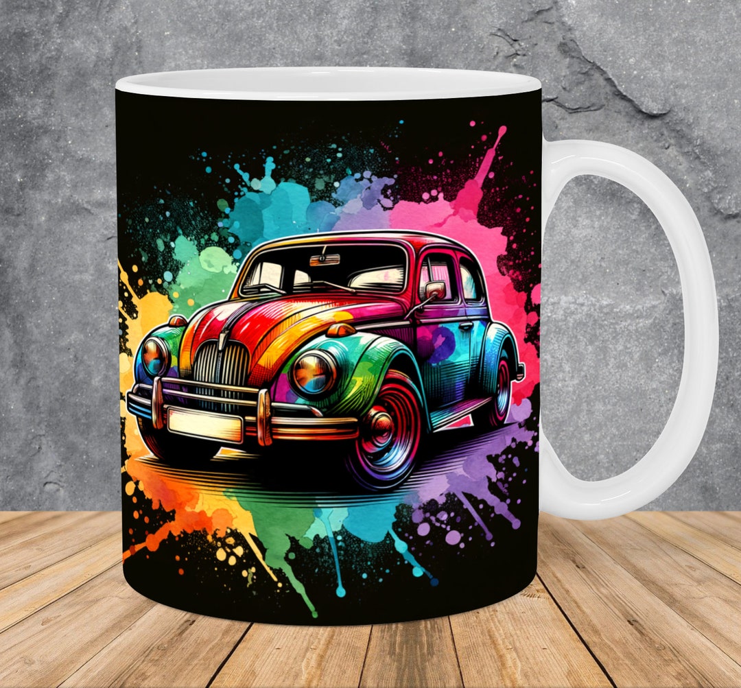 Neon Watercolor Vintage Car Mug Wrap 11oz & 15oz Mug Template, Mug ...