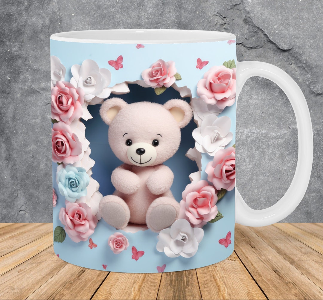 3D Teddy Bear Roses Hole in A Wall Mug Wrap 11oz & 15oz Mug Template ...
