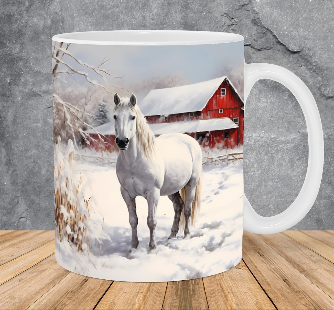 Oil Painting Winter Horse Barn Mug Wrap 11oz & 15oz Mug Template, Mug ...