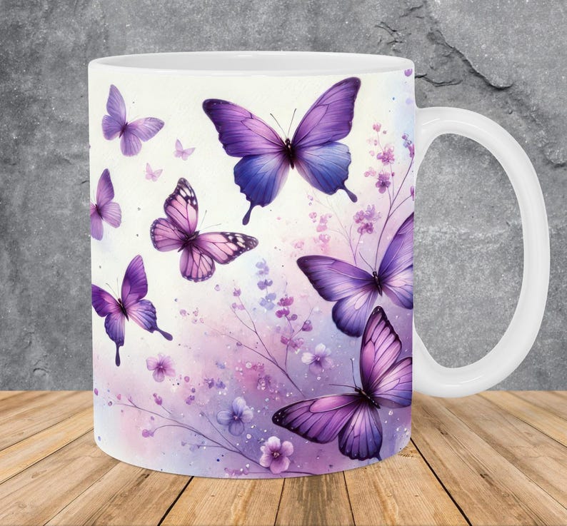 Watercolor Purple Butterflies Mug Wrap 11oz & 15oz Mug Template, Mug ...