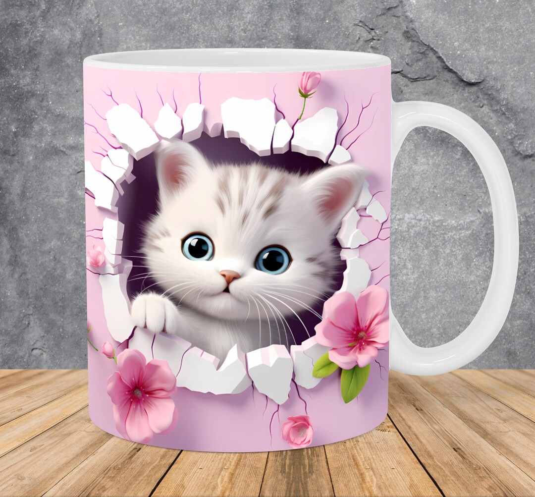3D White Kitten Hole in Pink Wall Mug Wrap 11oz & 15oz Mug Template ...